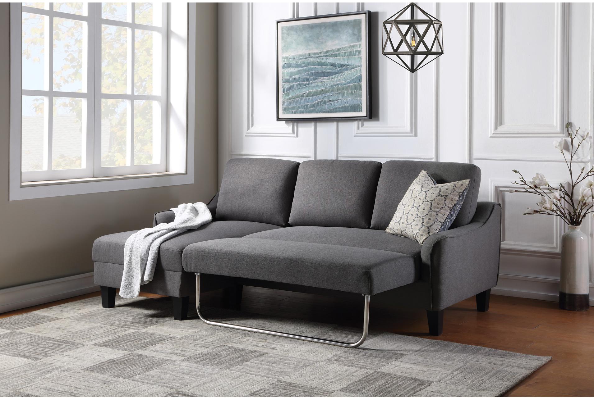 Lester Grey Fabric 83" Convertible Futon Sofa With Chaise & Black Legs ...