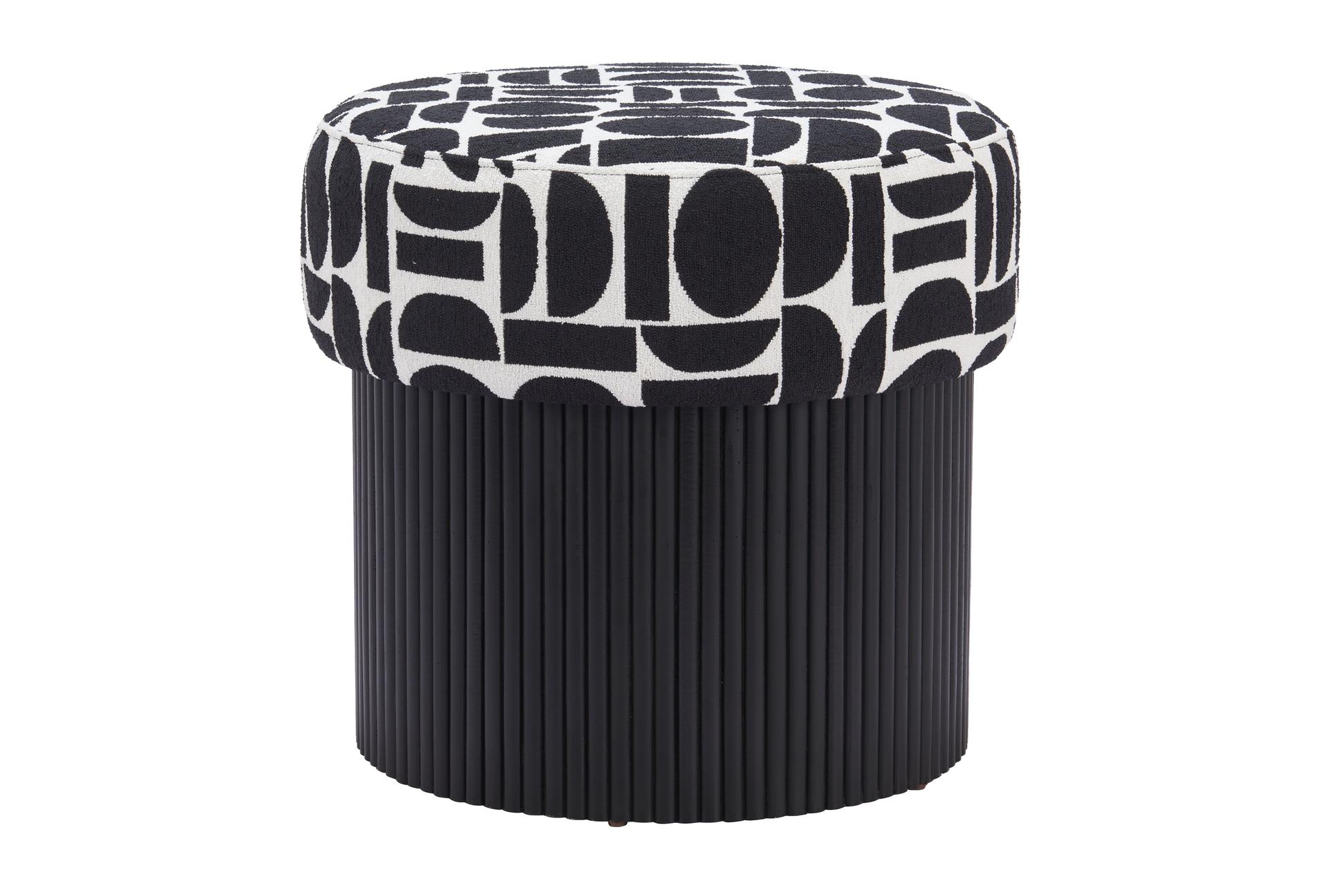 Boto Black & White Round Plush Fabric & Wood Patterned Storage Ottoman ...